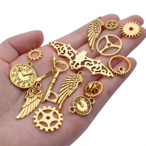 52pcs Antique Gold Steampunk Charms Watch Gear Cog Wheel Skeleton Key Charms Pendants for DIY Jewelry Making Crafting