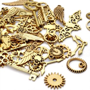 52pcs Antique Gold Steampunk Charms Watch Gear Cog Wheel Skeleton Key Charms Pendants for DIY Jewelry Making Crafting