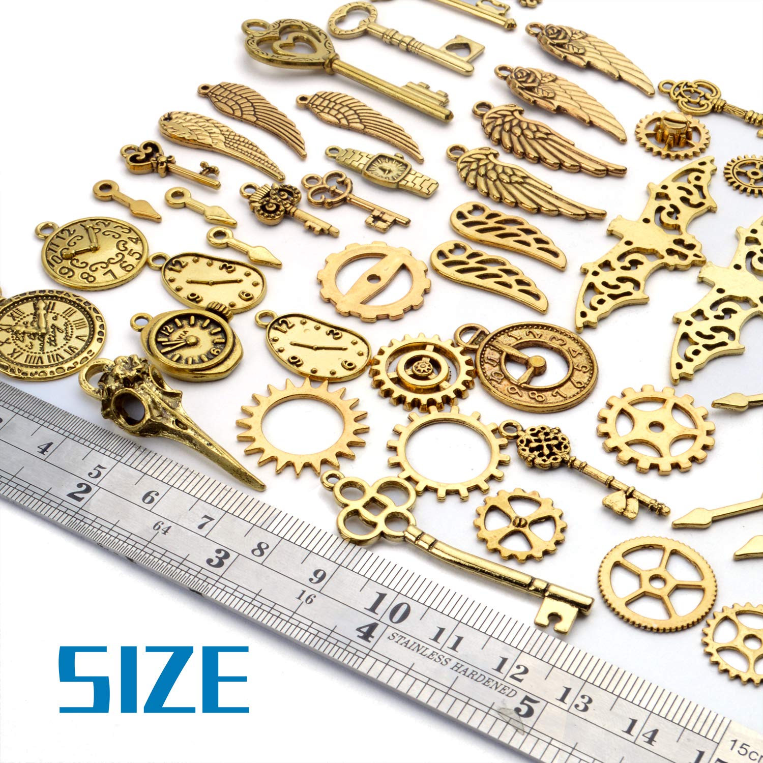 52pcs Antique Gold Steampunk Charms Watch Gear Cog Wheel Skeleton Key Charms Pendants for DIY Jewelry Making Crafting