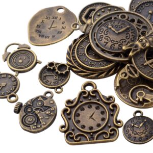 20pcs Antique Bronze Clock Face Charms Alloy Watch Steampunk Charm Pendants Connector Alice Clock Charms Craft Supplies for DIY Bracelet Necklace Jewelry Making Accessories