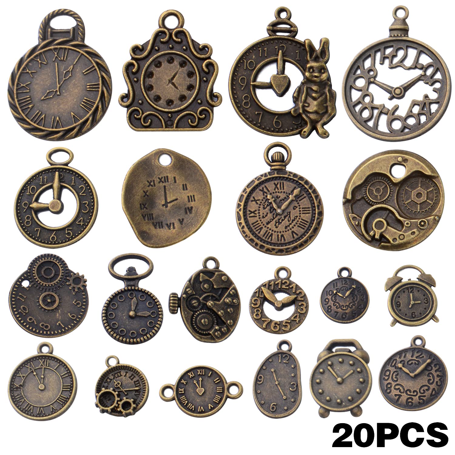 20pcs Antique Bronze Clock Face Charms Alloy Watch Steampunk Charm Pendants Connector Alice Clock Charms Craft Supplies for DIY Bracelet Necklace Jewelry Making Accessories