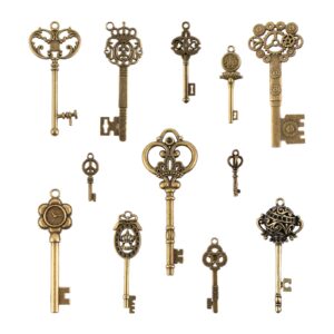 chuangqi vintage skeleton keys set, filigree steampunk keys, antique bronze charms pendants, pack of 12 different style (pack of 12)