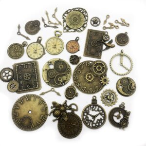 youdiyla 100g steampunk clock face dial pointer charm pendant, mix antique metal pendant supplies findings for jewelry making (bronze hm71)