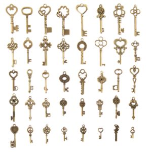 chuangqi 40pcs antique bronze vintage skeleton keys charm set, steampunk key diy handmade accessories, jewelry making supplies wedding favors