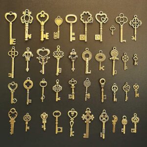 CHuangQi 40PCS Antique Bronze Vintage Skeleton Keys Charm Set, Steampunk Key DIY Handmade Accessories, Jewelry Making Supplies Wedding Favors