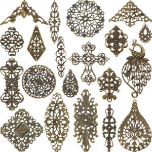 luinabio 120 pieces filigree connectors charms pendants decoration tibetan metal filigree findings embellishments for diy hairpin necklace earring jewelry making(bronze,fresh style)