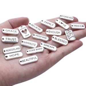 Aylifu 50 Pieces Mixed Inspirational Words Charms Pendants Tibetan Silver Craft Supplies Inspiration Message Beads Charms for Jewelry Making DIY Handmade Craft, 25 Types