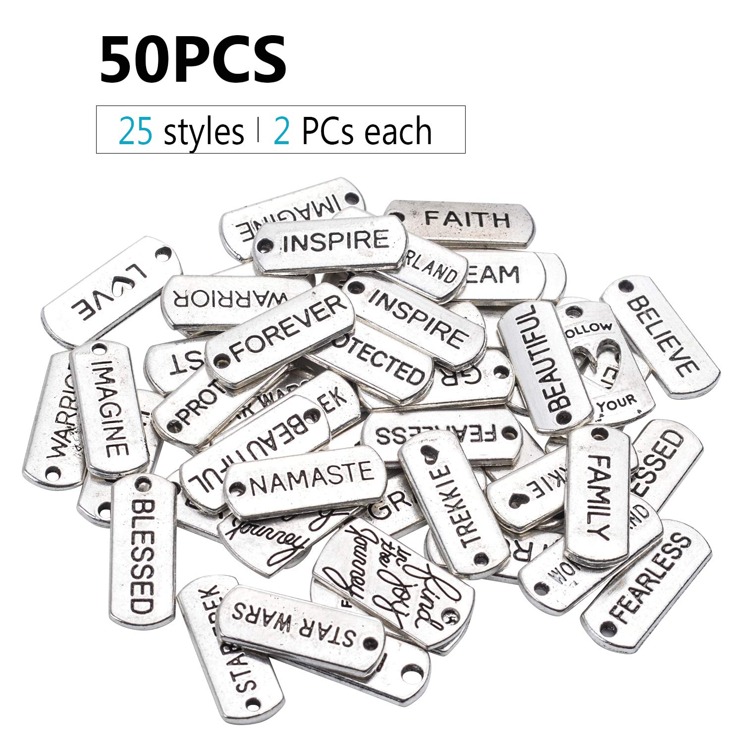 Aylifu 50 Pieces Mixed Inspirational Words Charms Pendants Tibetan Silver Craft Supplies Inspiration Message Beads Charms for Jewelry Making DIY Handmade Craft, 25 Types