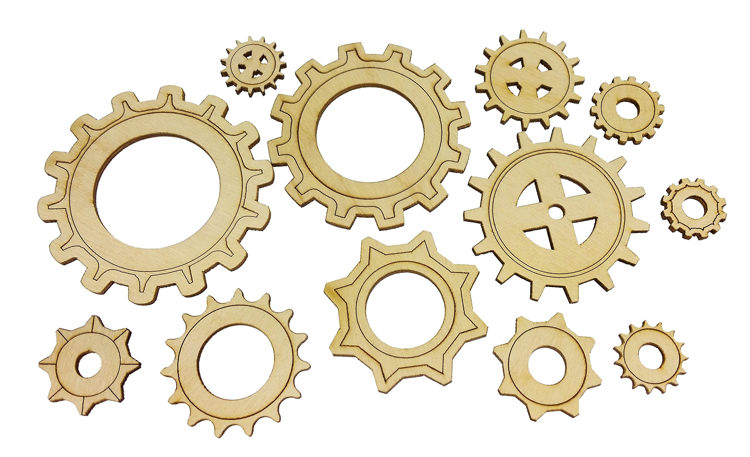 12pc. Set of Wooden Gears - Cool Industrial & Steampunk Design - Laser-Cut Thin Birch Plywood