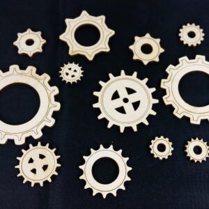 12pc. Set of Wooden Gears - Cool Industrial & Steampunk Design - Laser-Cut Thin Birch Plywood