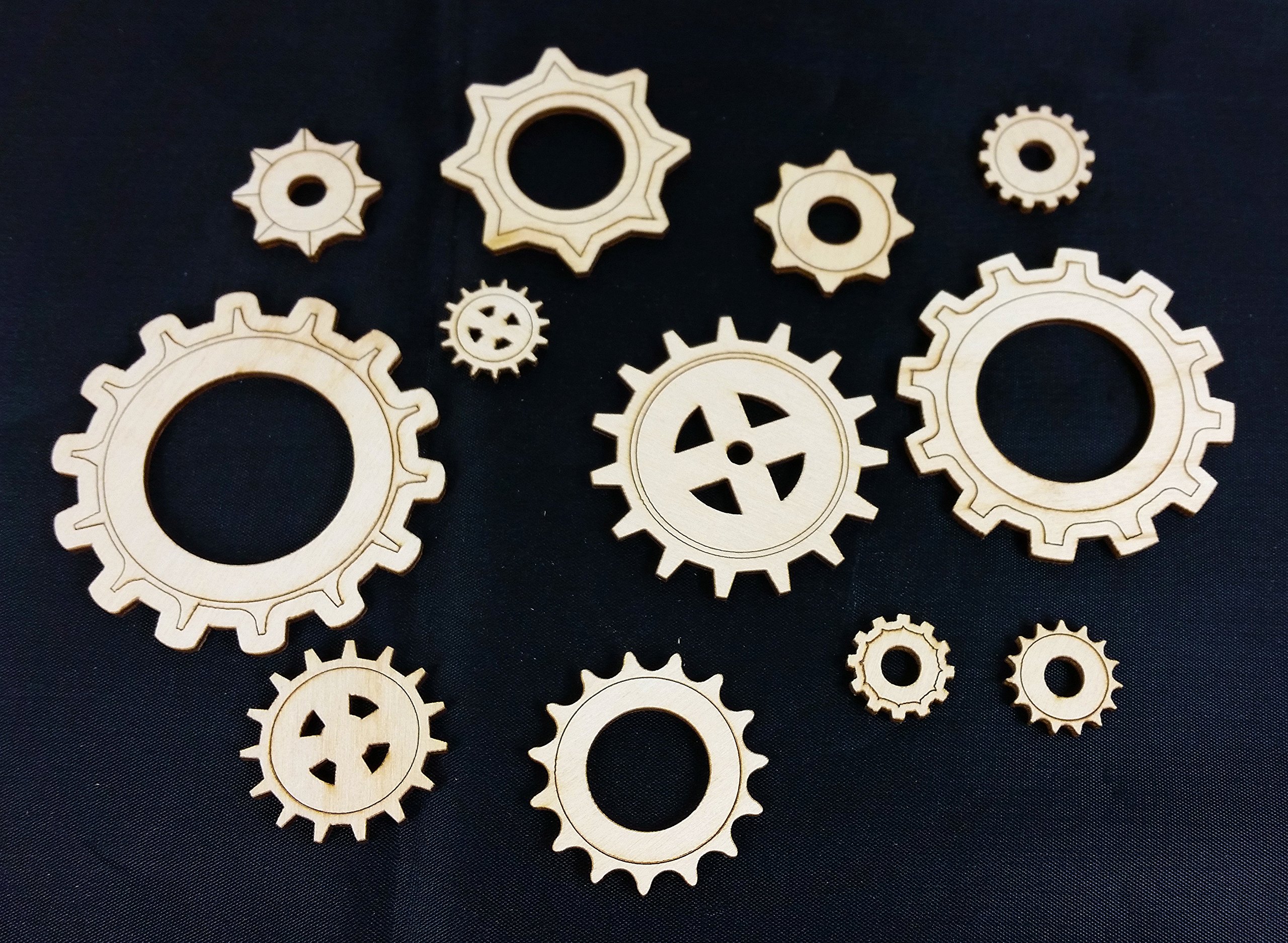 12pc. Set of Wooden Gears - Cool Industrial & Steampunk Design - Laser-Cut Thin Birch Plywood