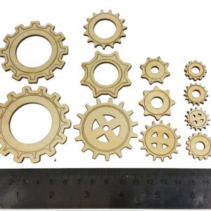 12pc. Set of Wooden Gears - Cool Industrial & Steampunk Design - Laser-Cut Thin Birch Plywood