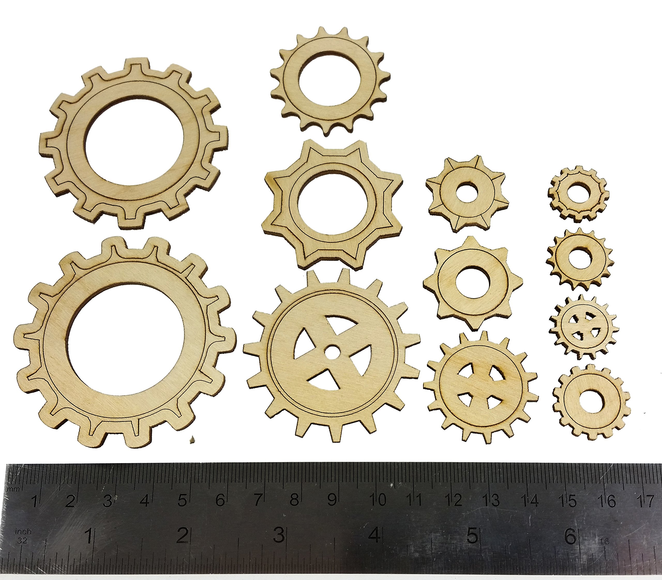 12pc. Set of Wooden Gears - Cool Industrial & Steampunk Design - Laser-Cut Thin Birch Plywood