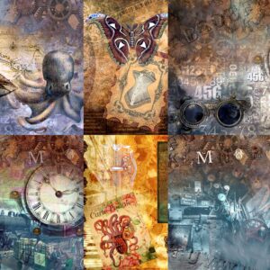 Dark Steampunk Mulberry Rice Paper, 8 x 10.5 inch - 6 x Different Printed Mulberry Paper Images 30gsm Visible Fibres for Decoupage Crafts Mixed Media Collage Art