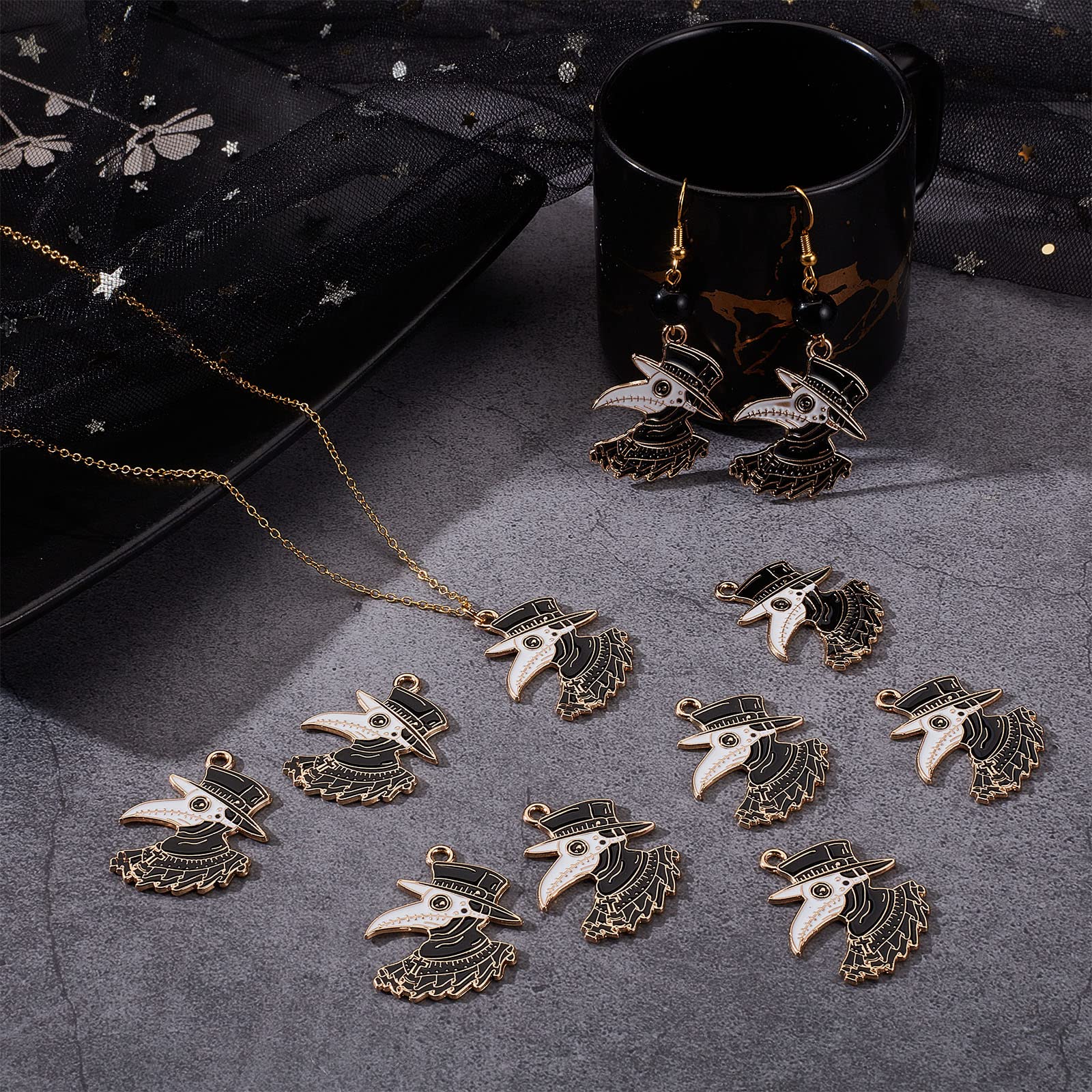 SUNNYCLUE 1 Box 24Pcs Gothic Charms Bird Charms Enamel Raven Crow Beak Halloween Doctor Steampunk Black Charm for Jewelry Making Charms Earrings Necklace Bracelets Earrings Adult DIY Craft Supplies