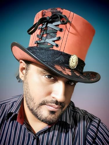 Steampunk Black Crusty Band Pink Leather Top Hat (Leather, XX-Large)