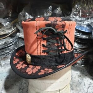 Steampunk Black Crusty Band Pink Leather Top Hat (Leather, XX-Large)