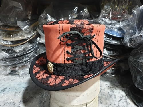 Steampunk Black Crusty Band Pink Leather Top Hat (Leather, XX-Large)