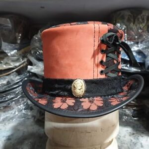 Steampunk Black Crusty Band Pink Leather Top Hat (Leather, XX-Large)