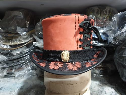 Steampunk Black Crusty Band Pink Leather Top Hat (Leather, XX-Large)