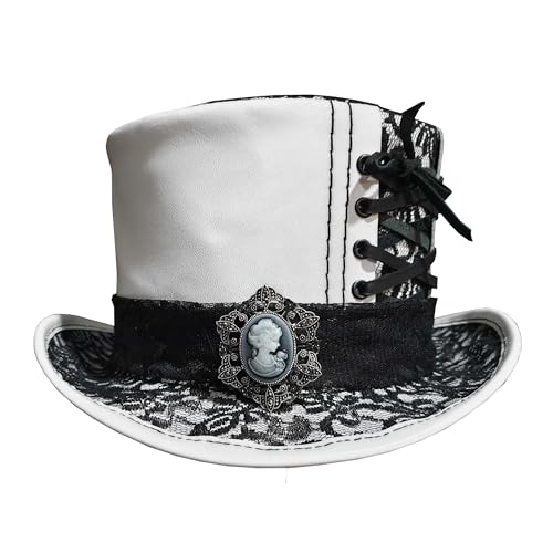 Steampunk Black Crusty Band White Leather Top Hat (Leather, XX-Large)