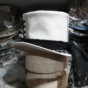 Steampunk Black Crusty Band White Leather Top Hat (Leather, XX-Large)