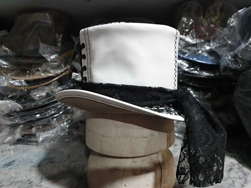 Steampunk Black Crusty Band White Leather Top Hat (Leather, XX-Large)