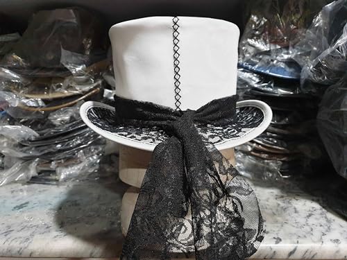 Steampunk Black Crusty Band White Leather Top Hat (Leather, XX-Large)