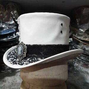 Steampunk Black Crusty Band White Leather Top Hat (Leather, XX-Large)