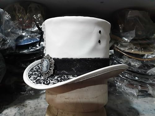 Steampunk Black Crusty Band White Leather Top Hat (Leather, XX-Large)