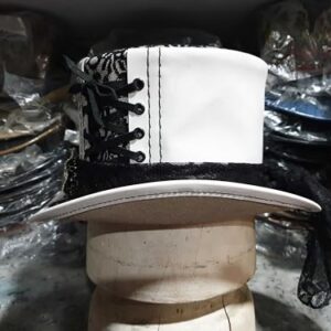 Steampunk Black Crusty Band White Leather Top Hat (Leather, XX-Large)