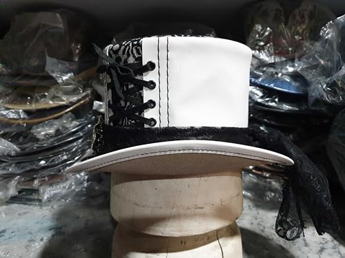 Steampunk Black Crusty Band White Leather Top Hat (Leather, XX-Large)