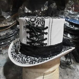 Steampunk Black Crusty Band White Leather Top Hat (Leather, XX-Large)