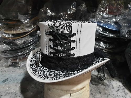 Steampunk Black Crusty Band White Leather Top Hat (Leather, XX-Large)