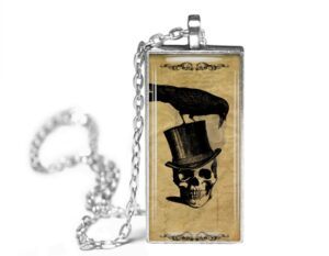 steampunk halloween rectangle pendant- skull and raven