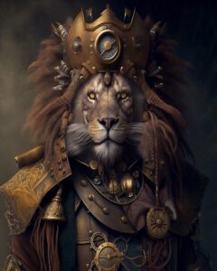 steampunk lion, wall hanging, animal poster picture, fantasy anthropomorphic, curious arts gift (8x10)