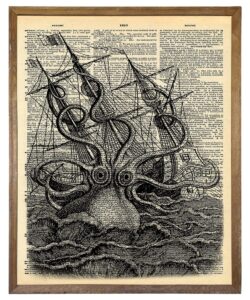 vintage steampunk octopus wall decor - pirates kraken pictures wall art - retro upcyled dictionary poster - goth room decor - gothic decor - lake beach house art print - nautical, lovecraft, mermaid