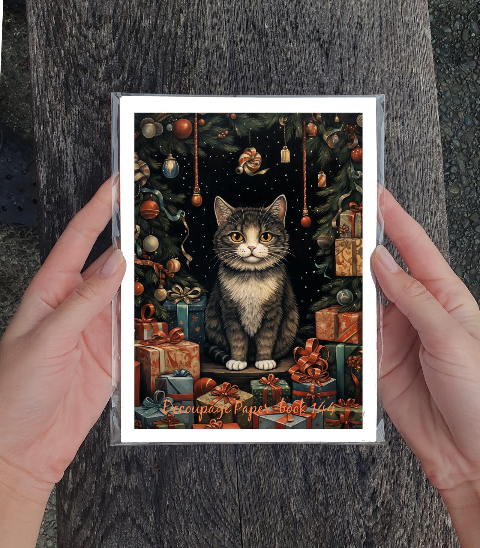 Decoupage Paper Pack (35 Sheets 6"x8") Cute Christmas Cats in Wintery Forest Villages FLONZ Vintage Illustration Pictures Cards for Decoupage, Craft and Scrapbooking