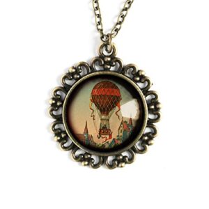 red hot air balloon steampunk ornate pendant necklace with 18" nicke-free brass chain