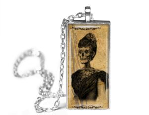 steampunk halloween rectangle pendant- female skeleton