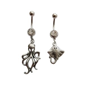 2pcs in set octopus and fish drop belly button ring, cute ocean charm surgical stainless steel 14 gauge navel barbell ring, steampunk piercing body jewelry