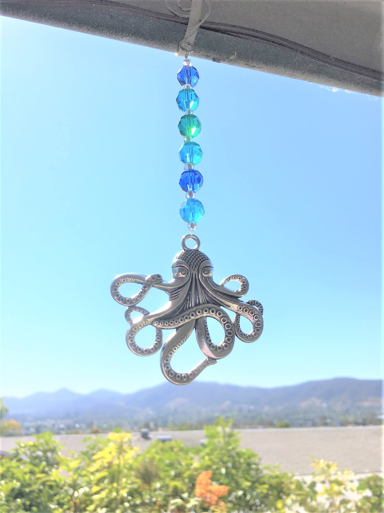 OCTOPUS CAR CHARM, Octopus Suncatcher, 7" Handmade, Gift Wrapped, Octopus Decor, Kraken, Japanese Sea Monster, Steampunk, Mirror Ornament, Window Decoration, Octopus Gift