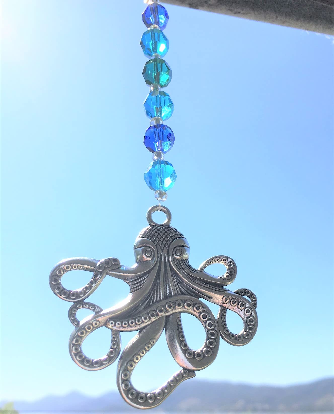 OCTOPUS CAR CHARM, Octopus Suncatcher, 7" Handmade, Gift Wrapped, Octopus Decor, Kraken, Japanese Sea Monster, Steampunk, Mirror Ornament, Window Decoration, Octopus Gift