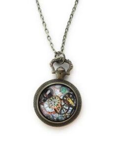 steampunk necklace | colorful gear image cabochon pocket watch pendant setting - handmade jewelry