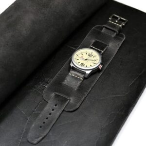 Cuff watch band - leather watch cuff strap black - aviator steampunk bands Handmade 18mm 20mm 22mm 24mm (22mm)