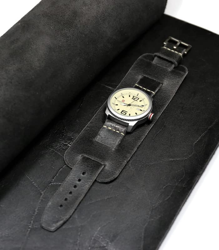 Cuff watch band - leather watch cuff strap black - aviator steampunk bands Handmade 18mm 20mm 22mm 24mm (22mm)