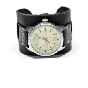 Cuff watch band - leather watch cuff strap black - aviator steampunk bands Handmade 18mm 20mm 22mm 24mm (22mm)