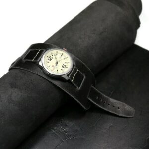 Cuff watch band - leather watch cuff strap black - aviator steampunk bands Handmade 18mm 20mm 22mm 24mm (22mm)