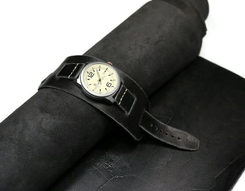 Cuff watch band - leather watch cuff strap black - aviator steampunk bands Handmade 18mm 20mm 22mm 24mm (22mm)