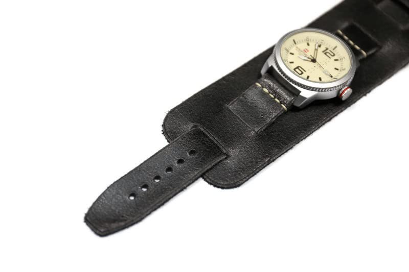 Cuff watch band - leather watch cuff strap black - aviator steampunk bands Handmade 18mm 20mm 22mm 24mm (22mm)